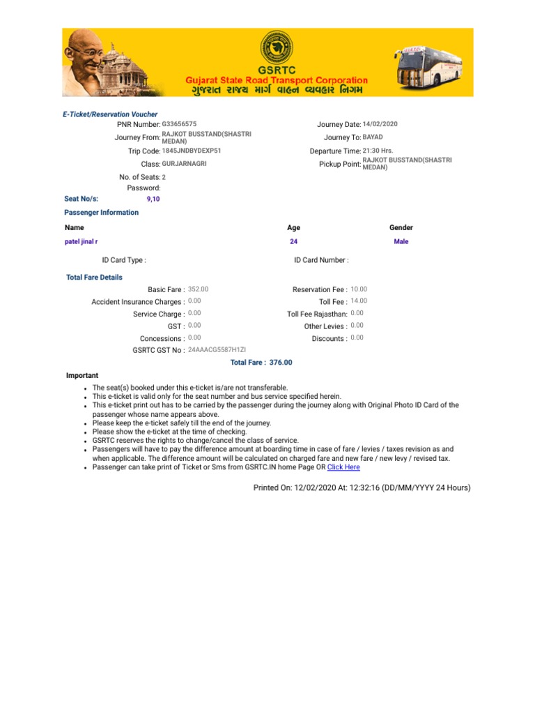 GSRTC Ticket | PDF | Fare | Ticket (Admission)