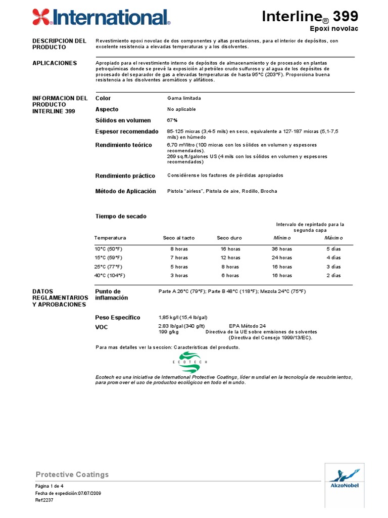 Interline 399 Ficha Tecnica | PDF | Revestimiento | Temperatura