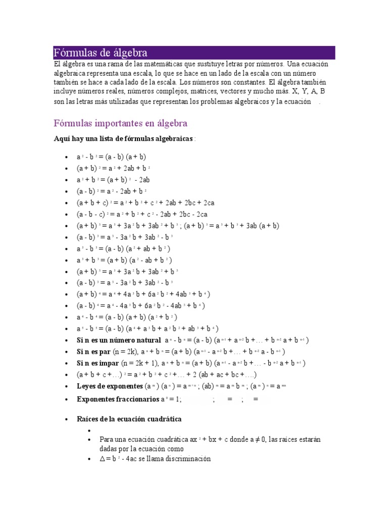 Fórmulas de Álgebra | PDF | Álgebra | Número complejo