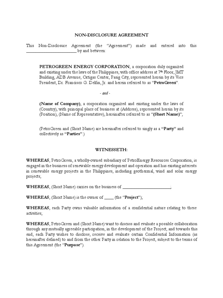 PetroGreen - NDA Draft Template | PDF | Arbitration | Confidentiality