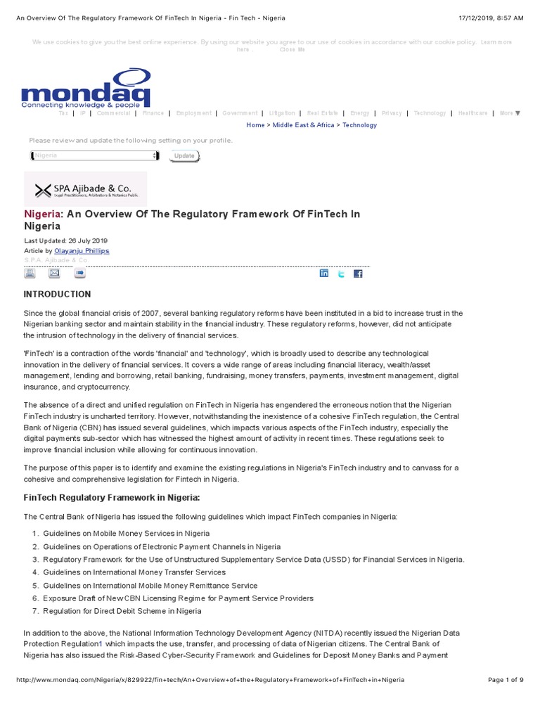 An Overview of The Regulatory Framework of FinTech in Nigeria - Fin ...