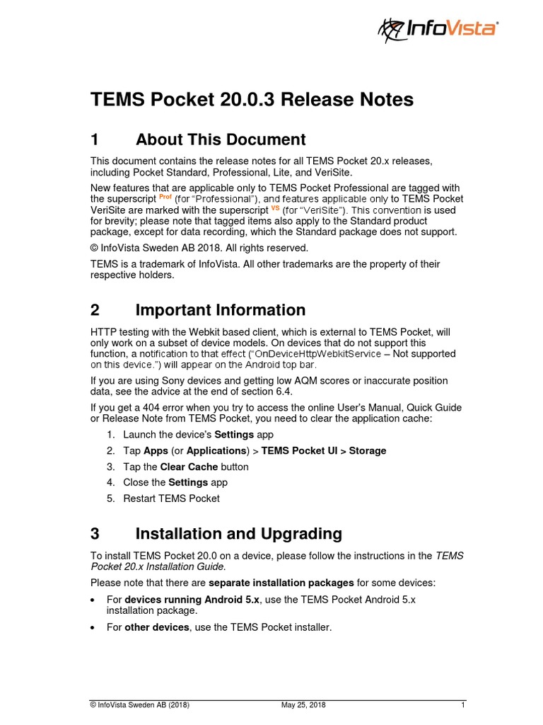 TEMS Pocket 20.0.3 - Release Note | Download Free PDF | Lte (Telecommunication) | Android ...