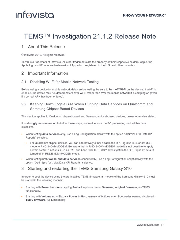 TEMS Investigation 21.1.2 - Release Note | PDF | High Speed Packet ...