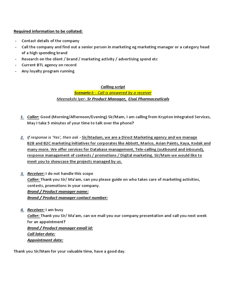 Tele Calling Script - For BDM | PDF | Sales | Market (Economics)