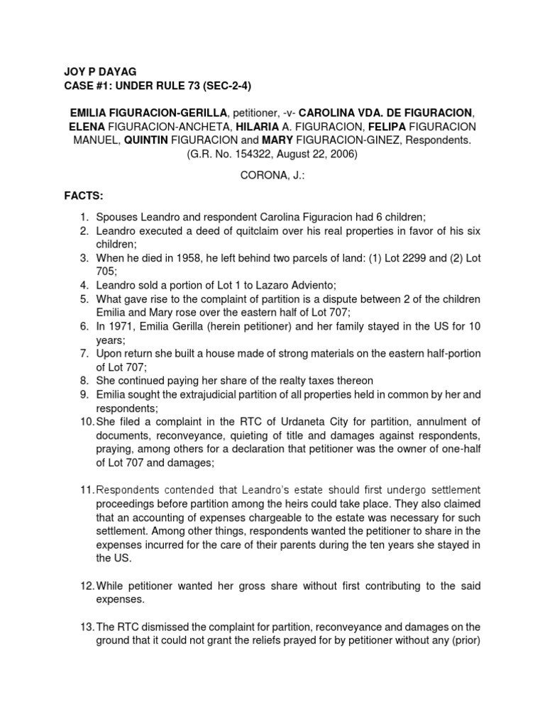 Case Digest Gerilla VS Carolina Vda. de Figuracion, Et Al (Rule 73 ...