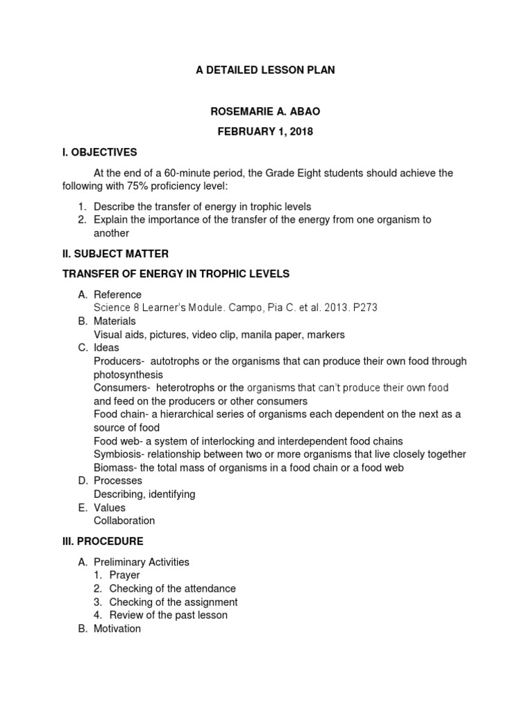 Demo Lesson Plan Grade 8 | PDF | Food Web | Environmental Science