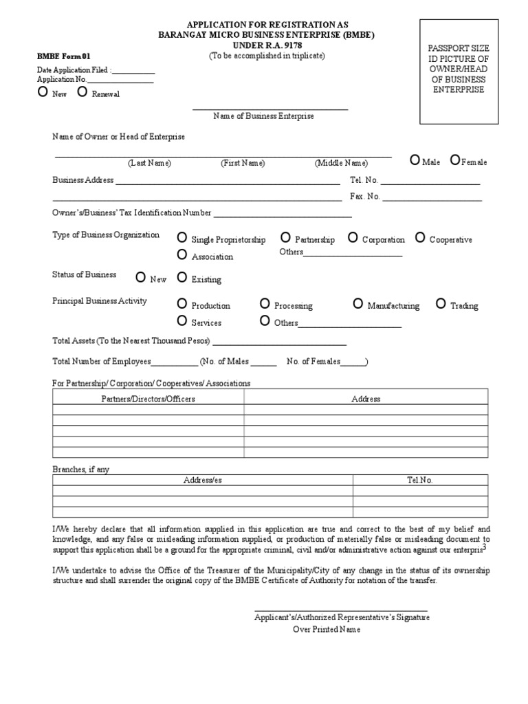 BMBE Application Form | PDF | Identity Document | Business
