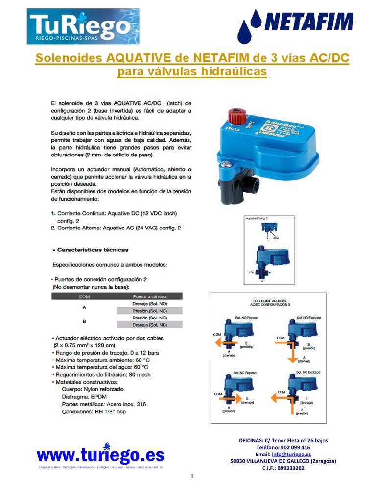 Solenoides AQUATIVE de NETAFIM 3 Vías | PDF | Hogar, jardinería y ...