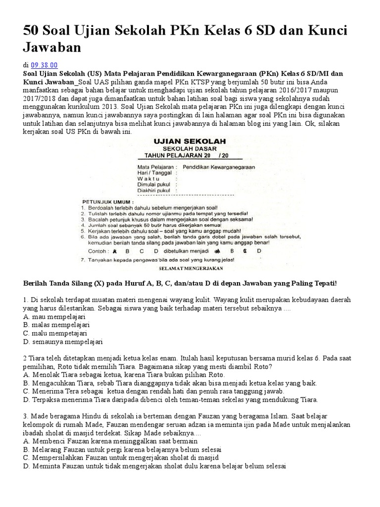 50 Soal Ujian Sekolah PKN Kelas 6 SD Dan Kunci Jawaban | PDF