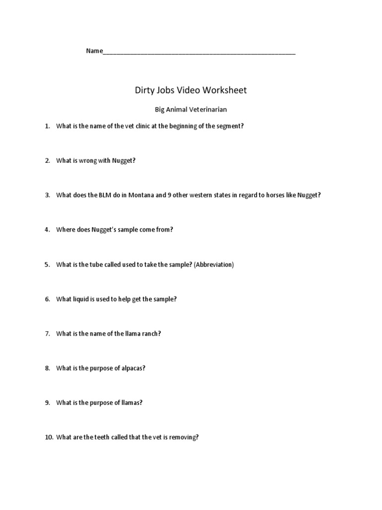 Dirty Jobs Video Worksheet Big Animal Vet | PDF | Wellness