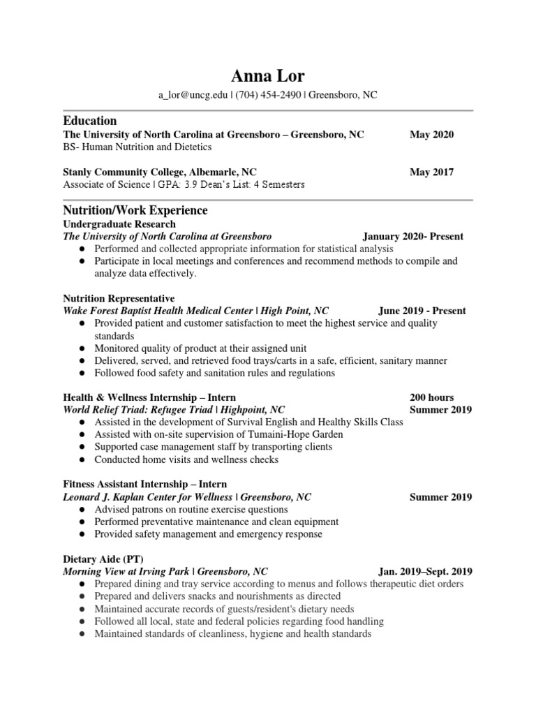 Anna Lor New Resume Final | PDF | Dietitian | Health Care