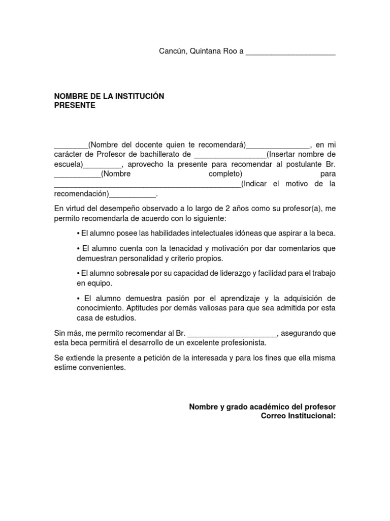 Formato Carta Recomendación para Aplicar A Una Universidad o Beca | PDF