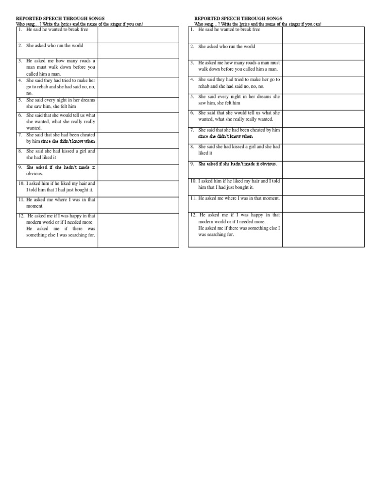 Songs Reported Speech | PDF