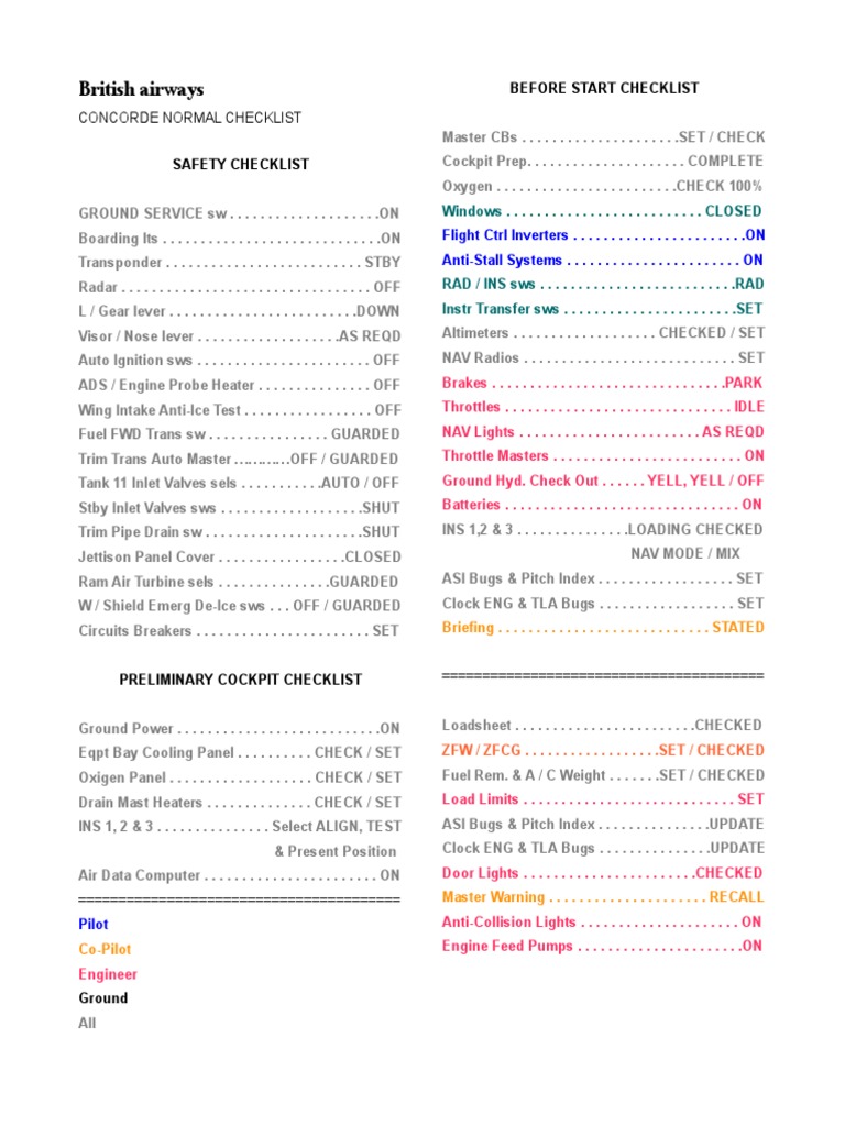 Britsh Airwatys Normal Checklist Concorde | PDF | Throttle | Vehicle ...