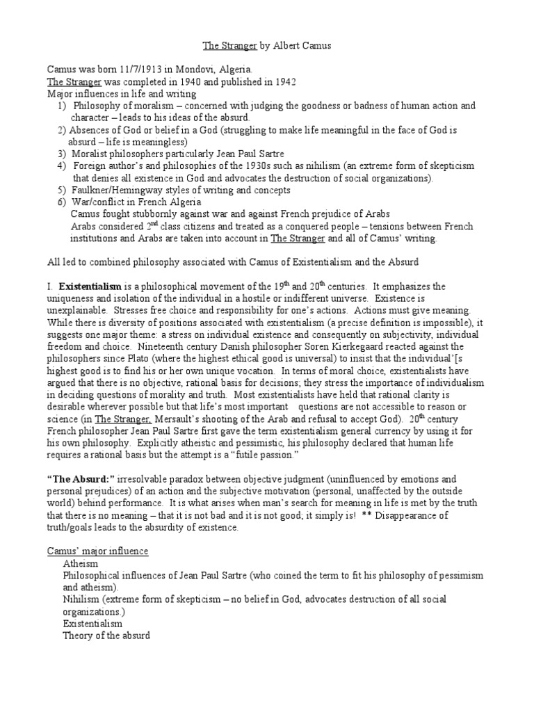 Outsider Background Notes | PDF | Existentialism | Albert Camus
