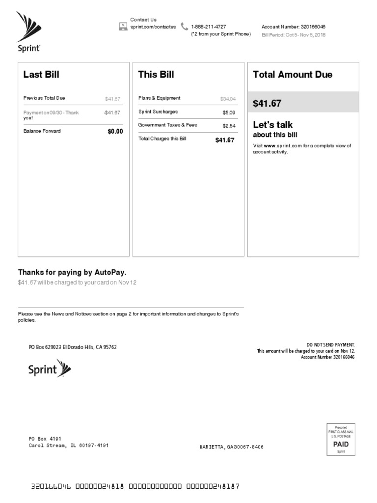 Details of a Sprint wireless phone bill including charges, payments ...