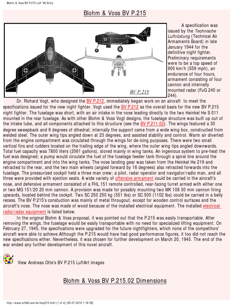Blohm & Voss BV P.215 Luft '46 Entry | PDF | Aircraft | Military Technology