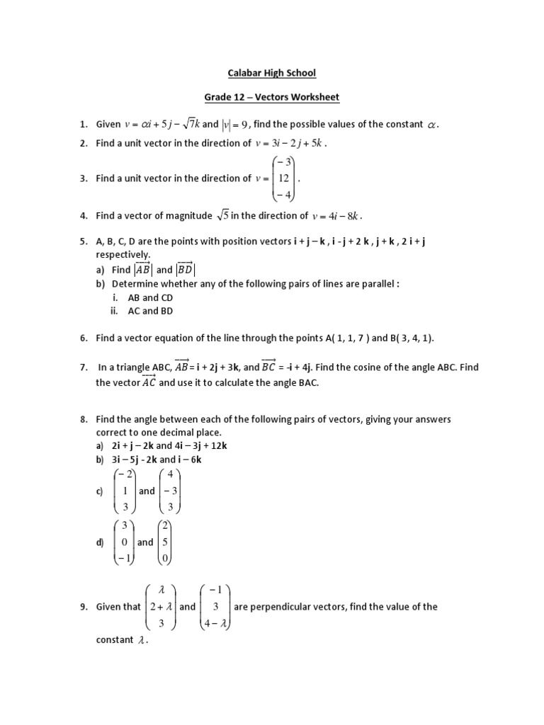 Grade 12 - Vectors Worksheet | PDF | Plane (Geometry) | Angle