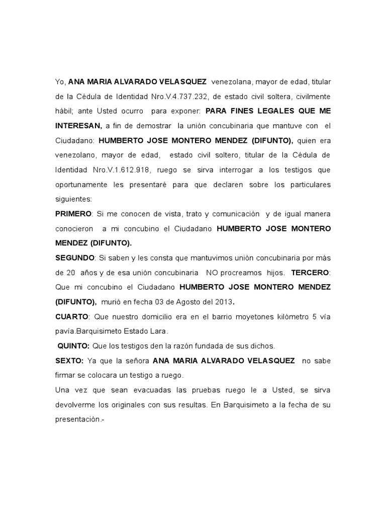 Carta de Concubinato Con Testigo A Ruego de La Señora Ana Maria | PDF