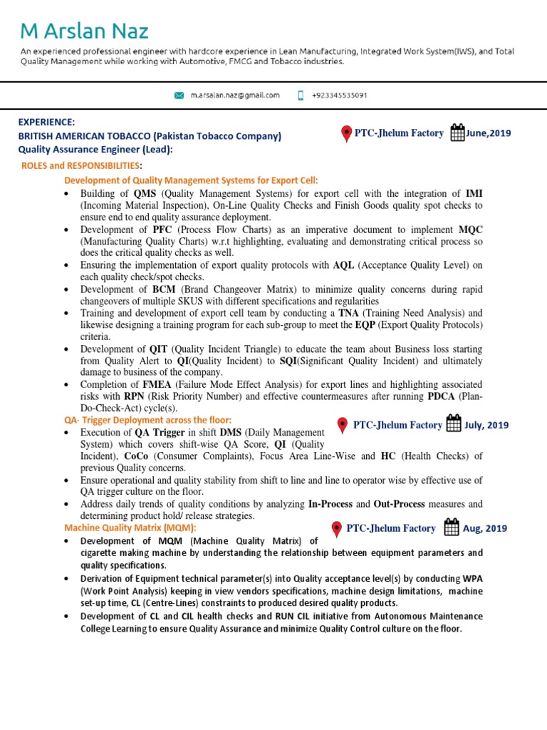 Arslan Naz CV 2020 | Download Free PDF | Quality Assurance | Lean Manufacturing