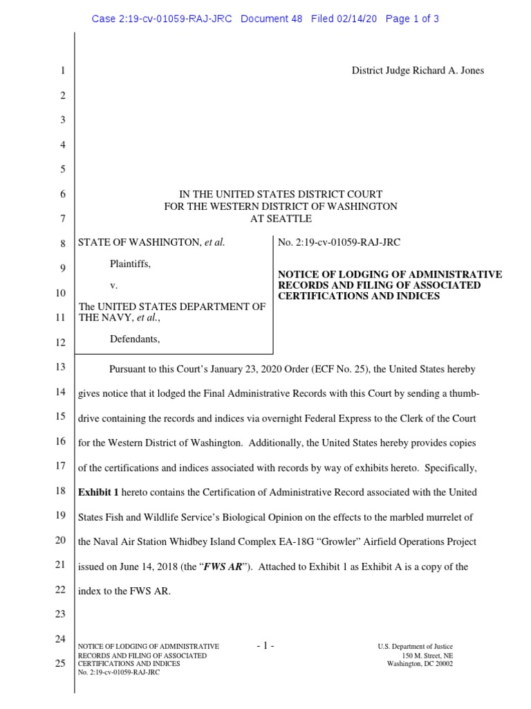 Case 2:19-cv-01059-RAJ-JRC - 48: NOTICE OF LODGING OF ADMINISTRATIVE ...