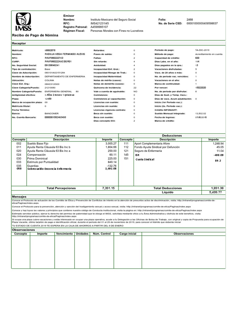 Recibo de nómina del personal de enfermería del Instituto Mexicano del ...