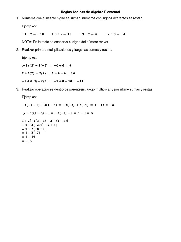 Reglas Básicas de Algebra Elemental | PDF