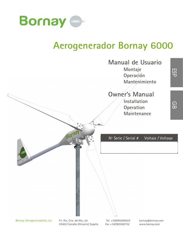 Manual de Usuario Aerogenerador Bornay 6000 | PDF | Turbina eólica ...