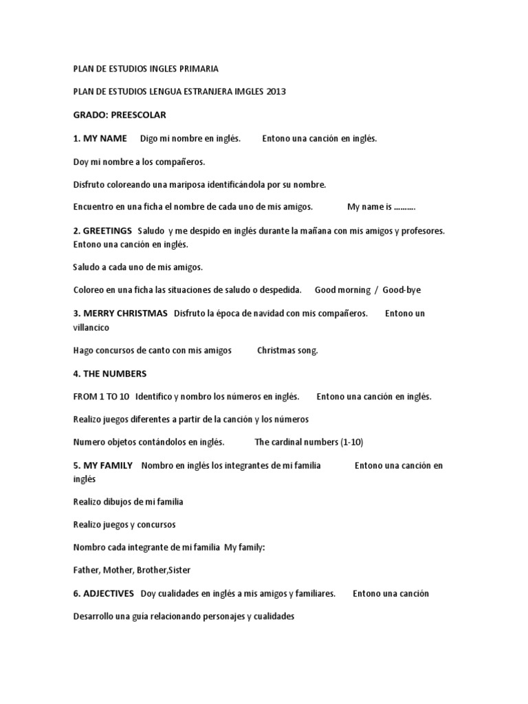 Plan de Estudios Ingles Primaria | PDF | Pronombre | Narrativa