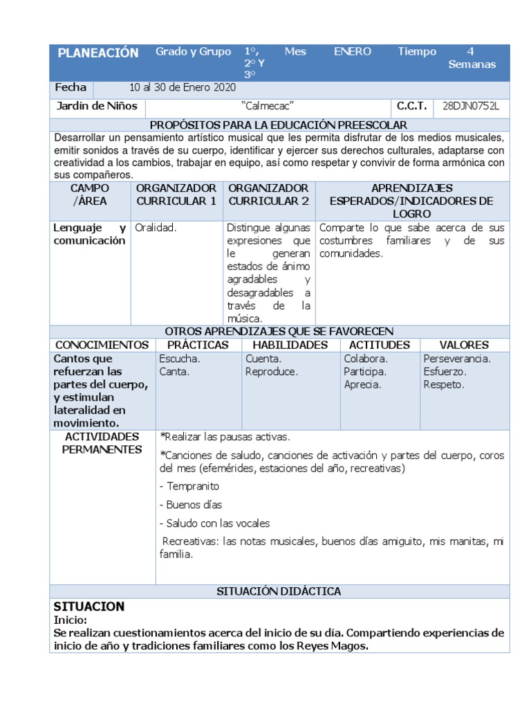 Planeación Educativa Enero Jardín de Niños | PDF | Educación de la ...