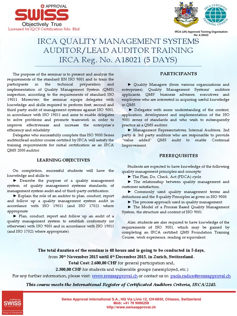 IRCA Seminar Info Material SWISS PDF | PDF | Iso 9000 | Quality ...