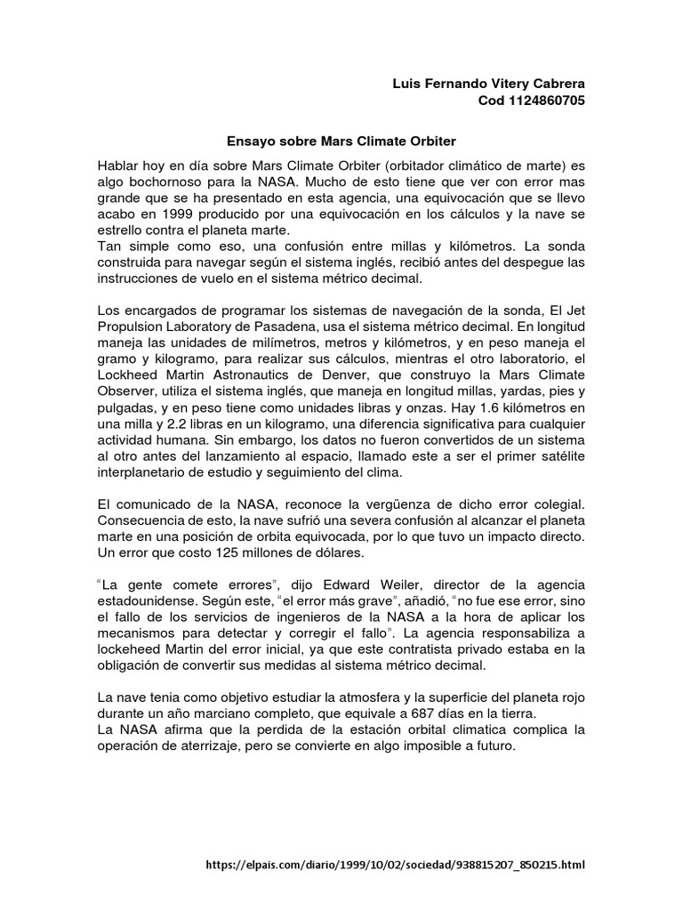 Error en la sonda Mars Climate Orbiter | PDF | Marte | Nasa