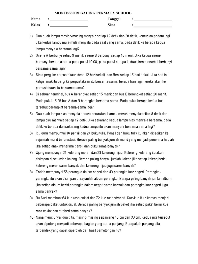 Worksheet FPB Dan KPK Soal Cerita G.4 | PDF