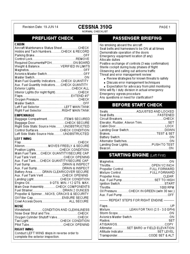 InFlight C310G Checklist Series 6 20 14 PDF | PDF | Takeoff | Landing Gear