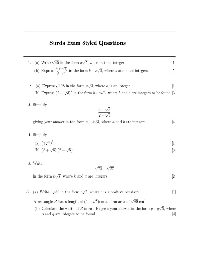 Surds Test 1 | PDF | Mathematical Objects | Teaching Mathematics