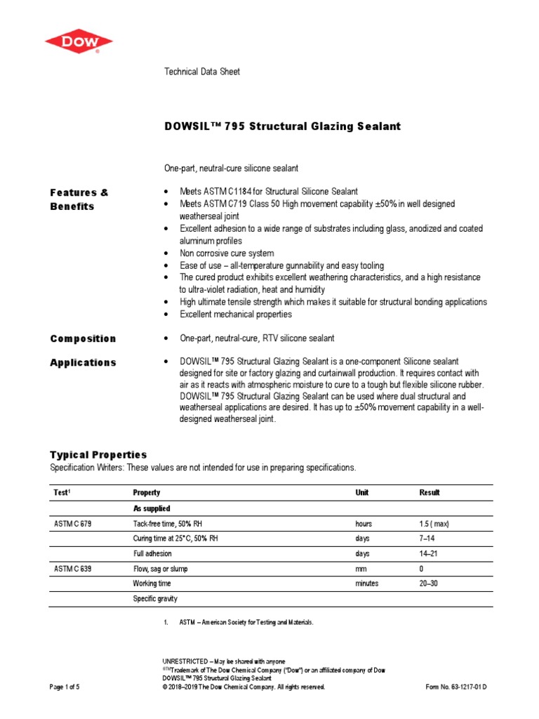 DOWSIL™ 795 Structural Glazing Sealant Technical Data Sheet | PDF ...