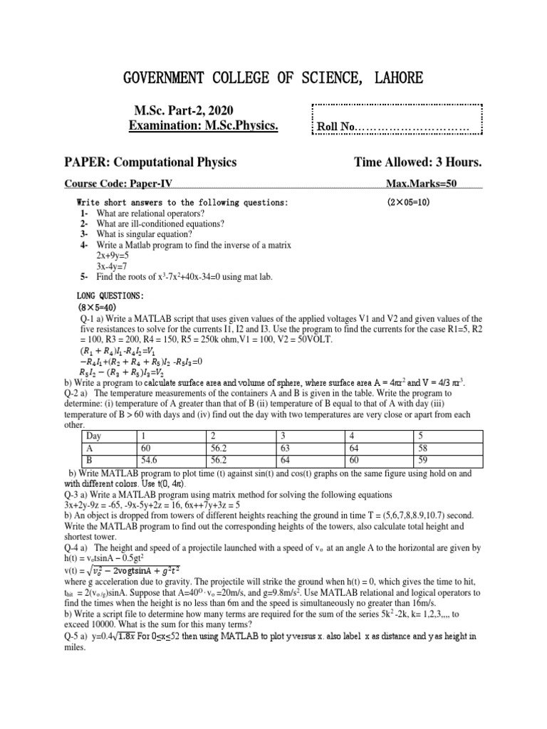 MSC Part-2 Computational Physics | PDF | Matrix (Mathematics) | Matlab