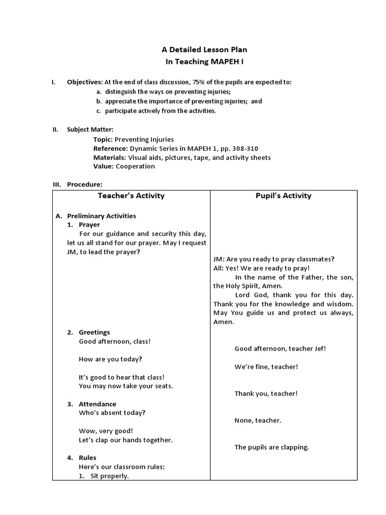 A Detailed Lesson Plan in MAPEH1 FINALE | PDF | Prayer | Lesson Plan