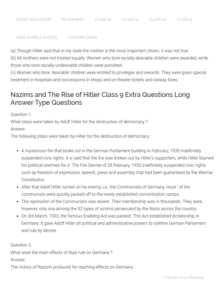 Nazims and The Rise of Hitler Class 9 Extra Questions History Chapter 3 ...