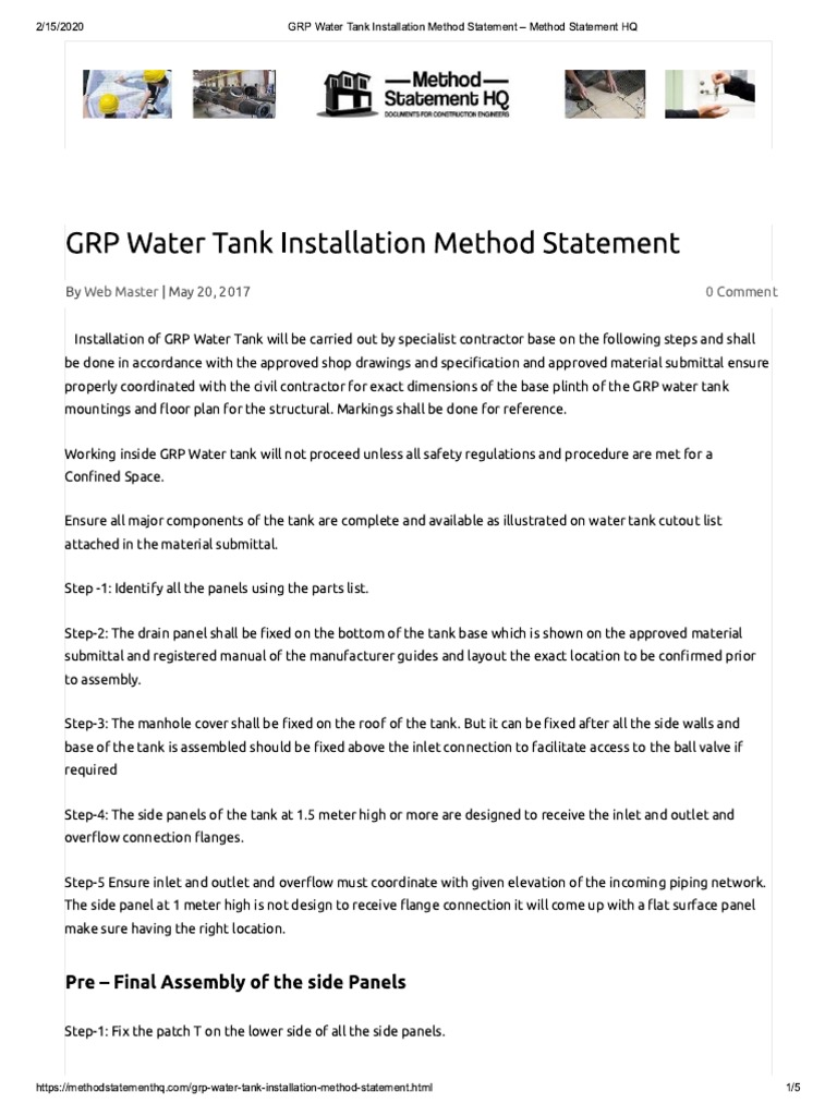 GRP Water Tank Installation Method Statement - Method Statement HQ | PDF
