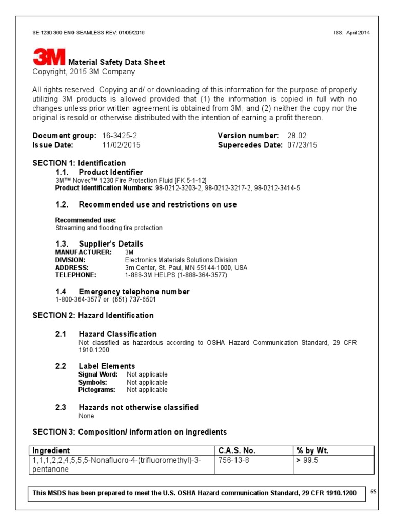 3M Novec Data Sheet | PDF | Hazardous Waste | Occupational Hygiene