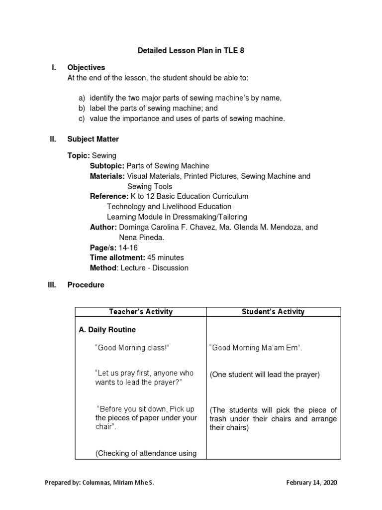 Detailed Lesson Plan-Parts of Sewing Machine | PDF | Sewing Machine ...