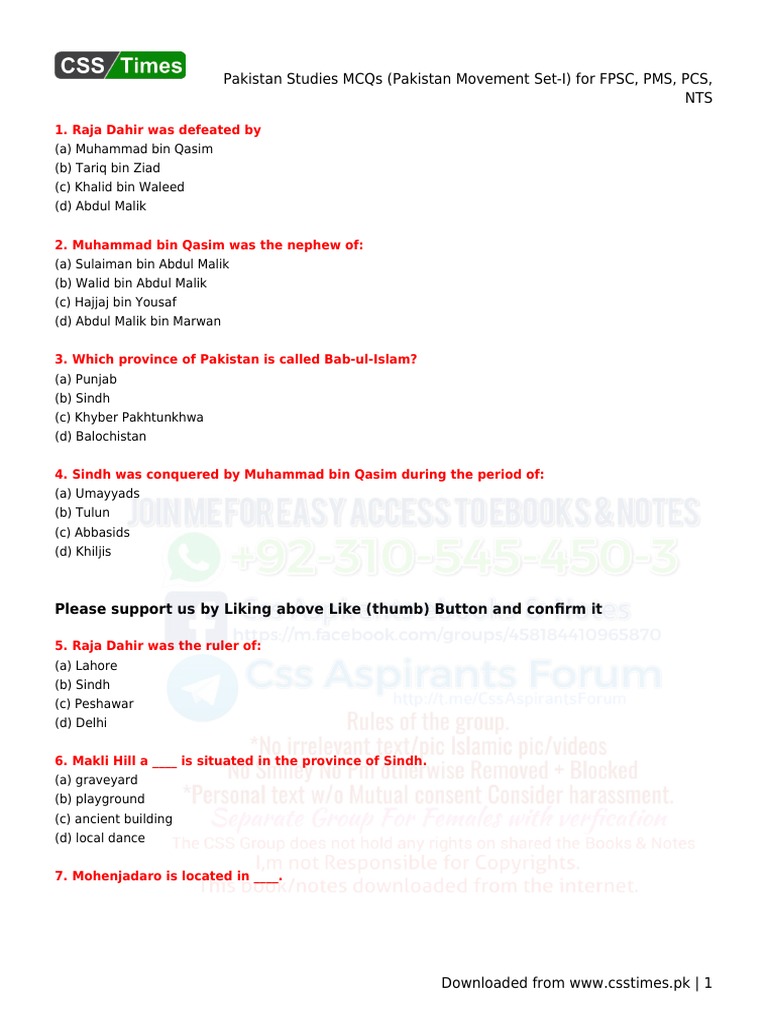 Pakistan Studies MCQs For All Exams | PDF | Muhammad Ali Jinnah | All India Muslim League