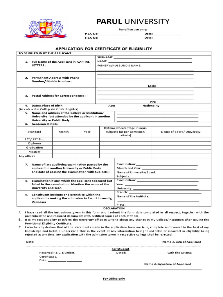 Application Form For PEC, PU | PDF | University And College Admission ...