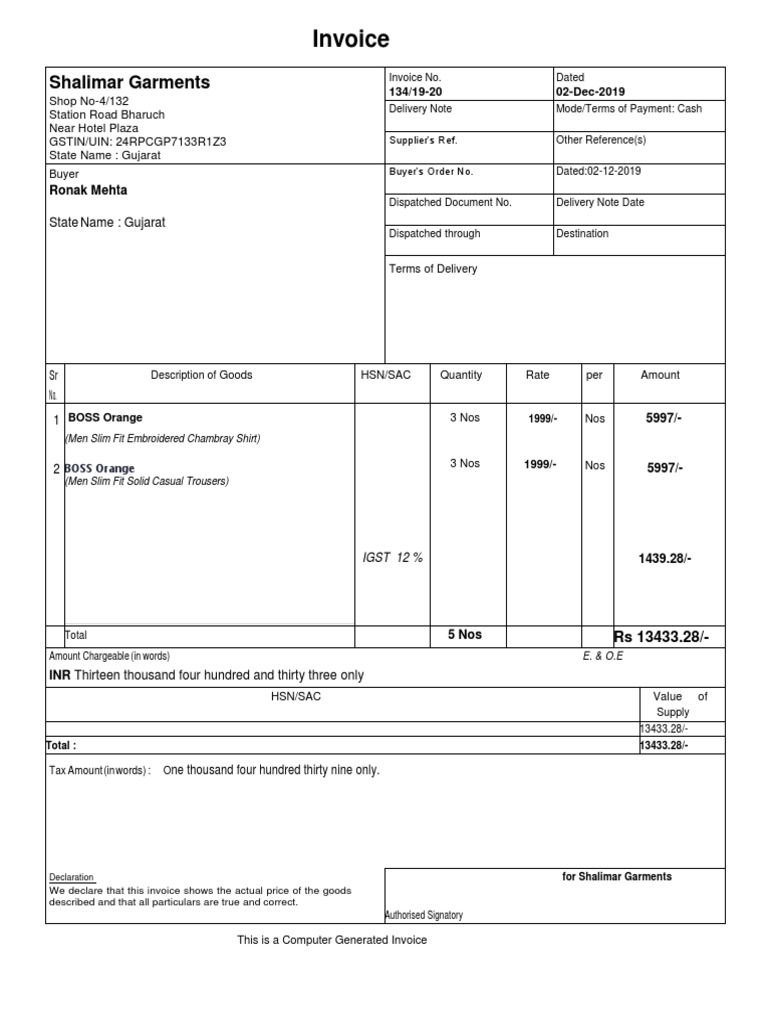 Invoice for Shalimar Garments Purchase | PDF | Invoice | Market (Economics)