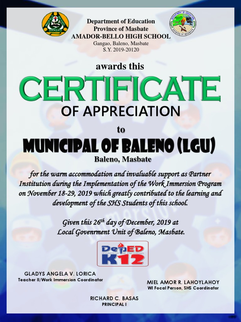 wORK iMMERSION PLAQUE OF APPRECIATION | PDF | Learning | Public ...