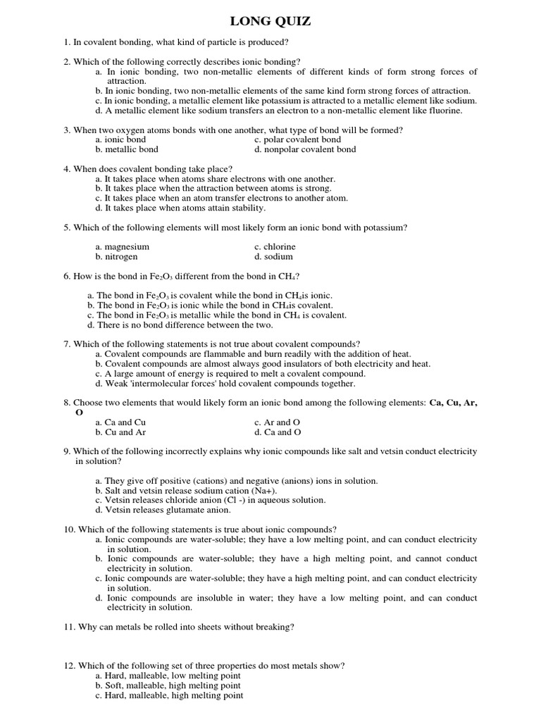Quiz | PDF | Ion | Ionic Bonding
