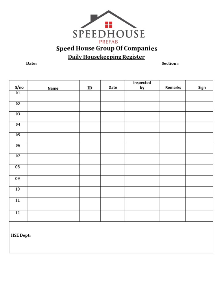 Daily House Keeping Register | PDF