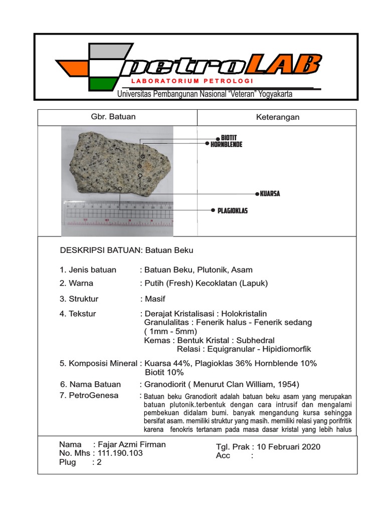 LEMBAR DESKRIP PETRO - Batuan Beku Granodiorit 2 | PDF