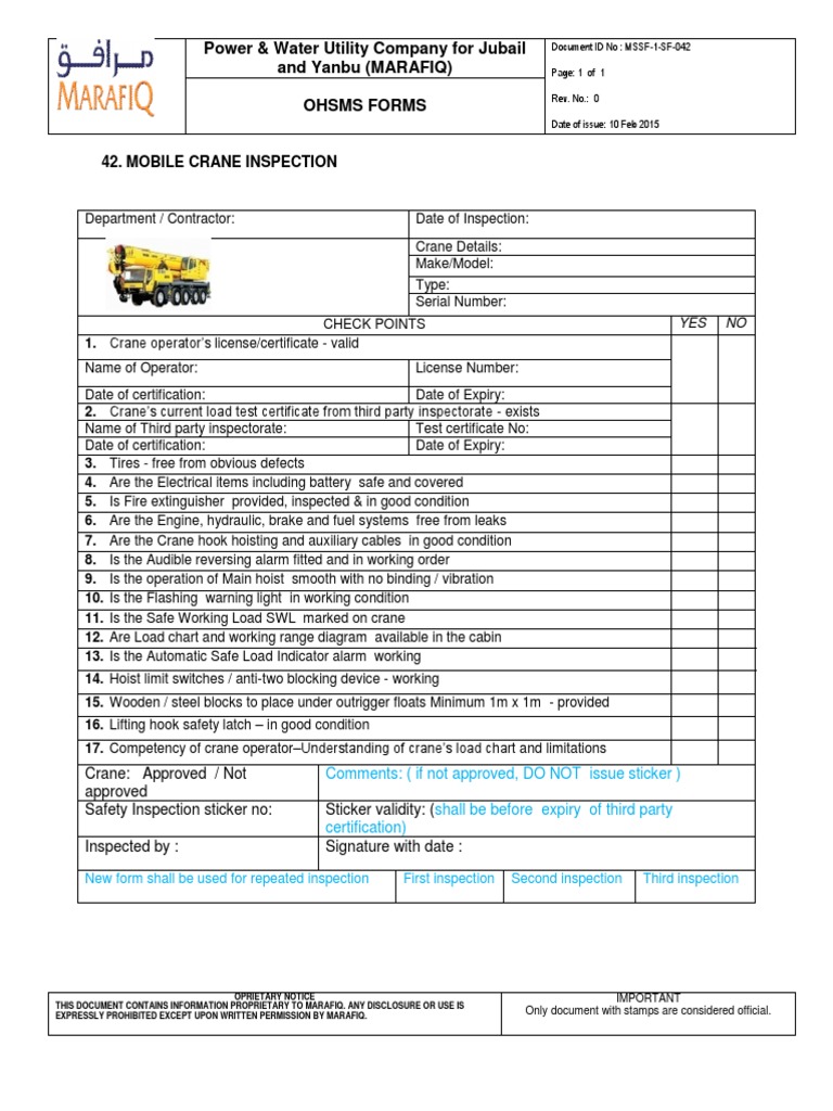 Mobile Crane Inspection Checklist | PDF | Crane (Machine) | Transport